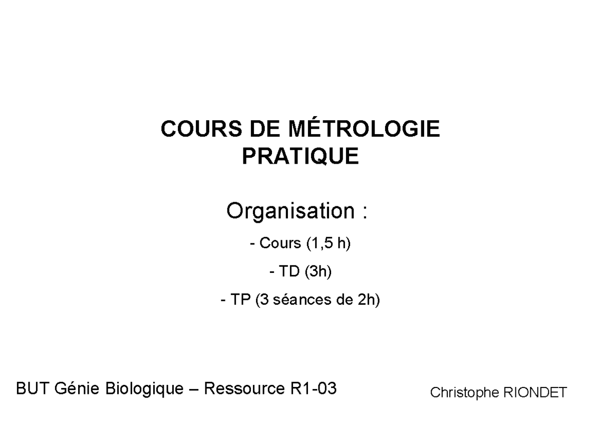 Cours de metrologie-2022 - COURS DE MÉTROLOGIE PRATIQUE Organisation ...