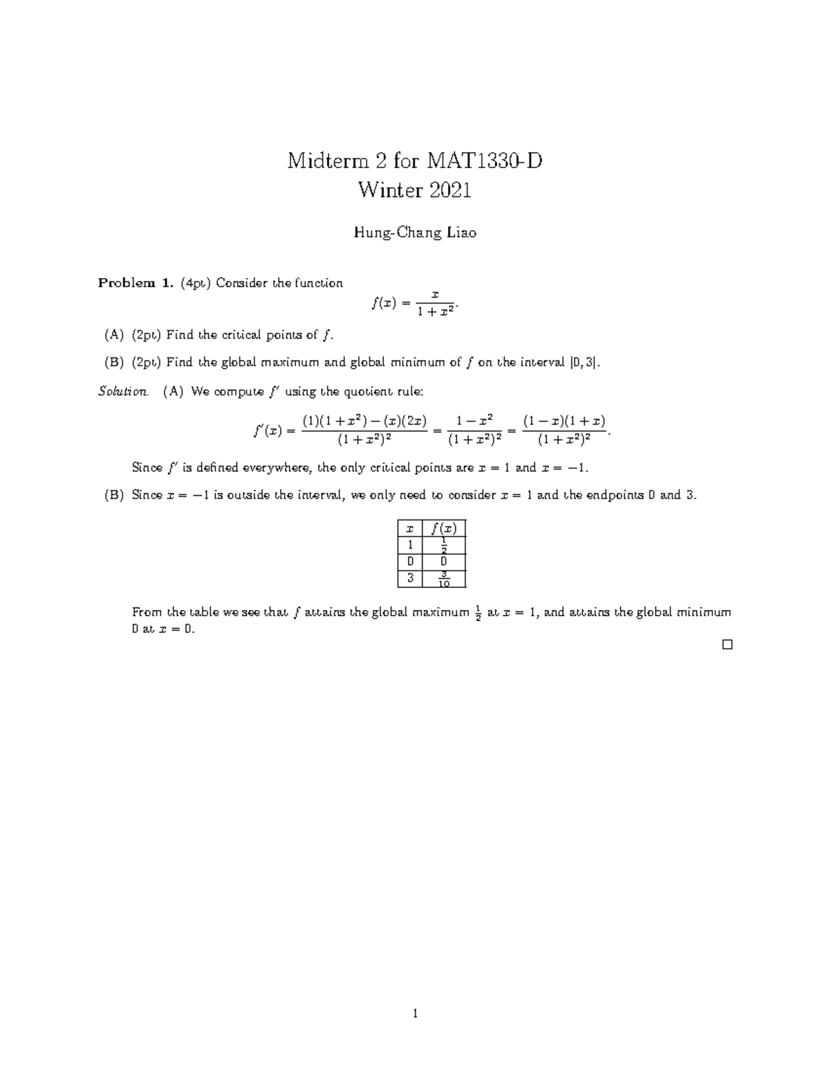 Midterm 2 solution - Midterm 2 for MAT1330-D Winter 2021 Hung-Chang Liao Problem 1. (4pt ...