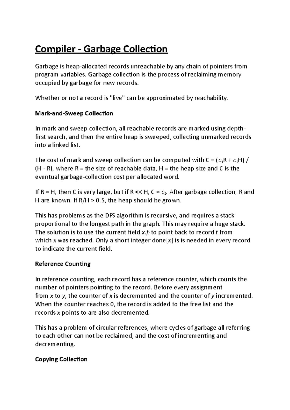 Compiler - Garbage Collection - COMP1820 - GRE - Studocu