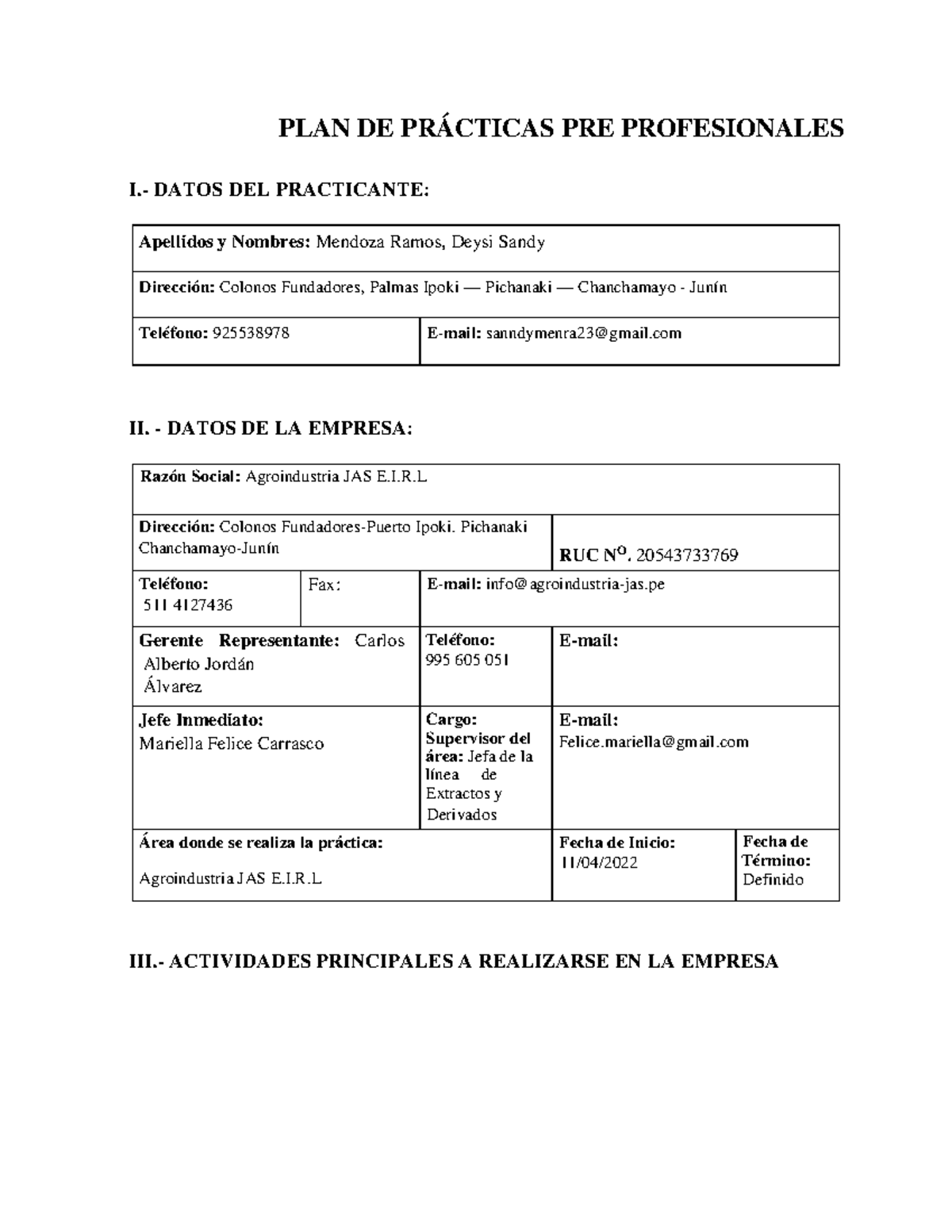 3.- PLAN DE Practicas - PLAN DE PRÁCTICAS PRE PROFESIONALES I.- DATOS DEL PRACTICANTE: Apellidos ...