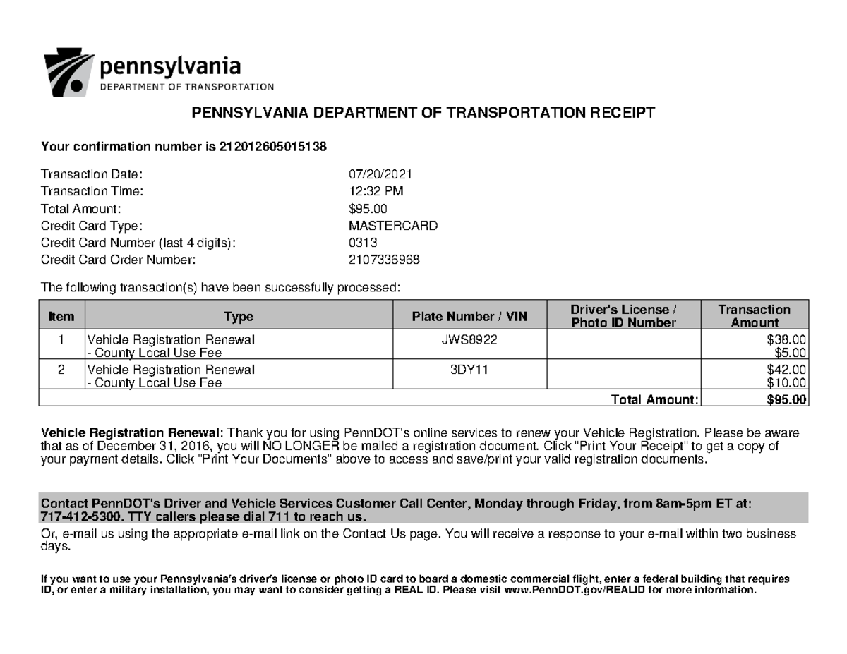 Receipt - Excelent book - PENNSYLVANIA DEPARTMENT OF TRANSPORTATION ...
