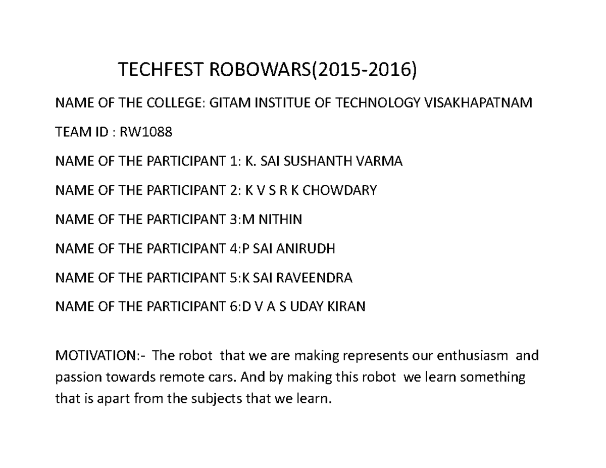 Robowars - TECHFEST ROBOWARS(2015-2016) NAME OF THE COLLEGE: GITAM ...