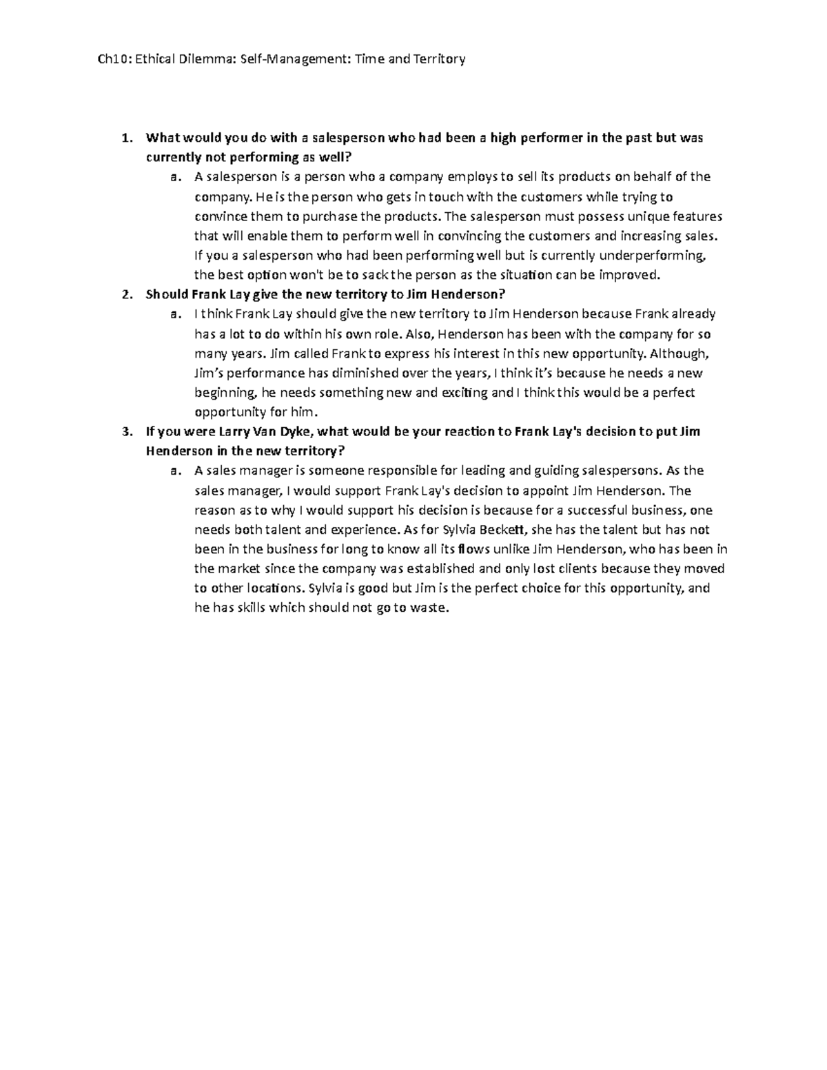 Ch10 ethical dilemma - Ch10: Ethical Dilemma: Self-Management: Time and ...