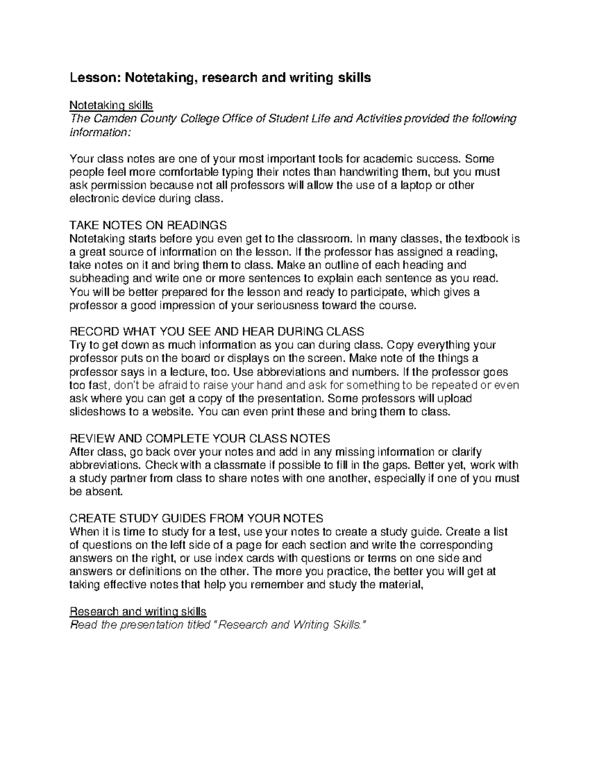 Lesson - Notetaking, research and writing skills - Lesson: Notetaking ...