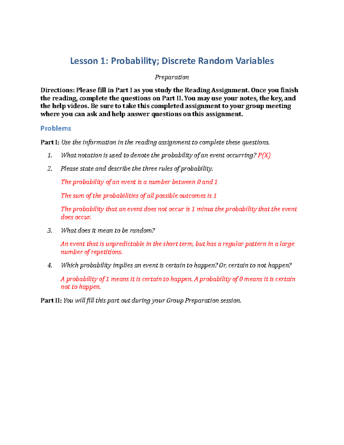 01 Preparation Assignment A - Lesson 1: Probability; Discrete Random Variables Preparation - Studocu