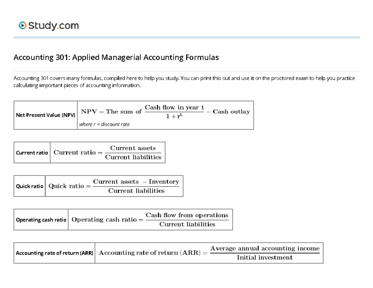 Applied Managerial Accounting Formulas - Accounting 301: Applied Managerial Accounting Formulas ...