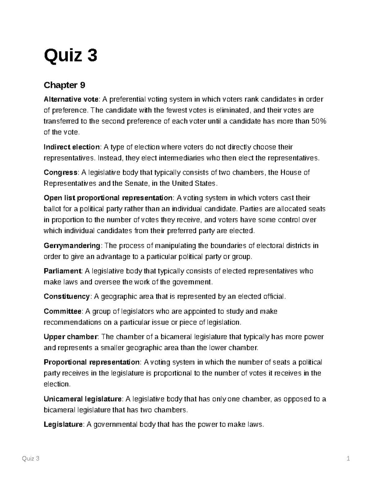 Quiz 3 Chapter Notes - Quiz 3 Chapter 9 Alternative vote: A ...