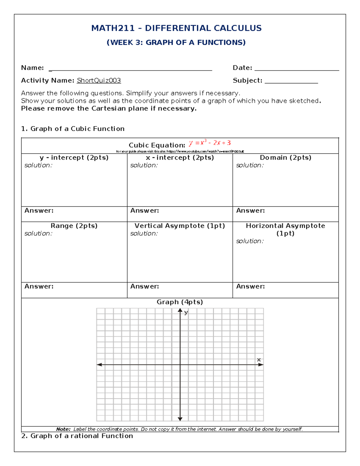 WEEK 3 - Graph OF A Function - QUIZ - Name: _ Date: Activity Name ...