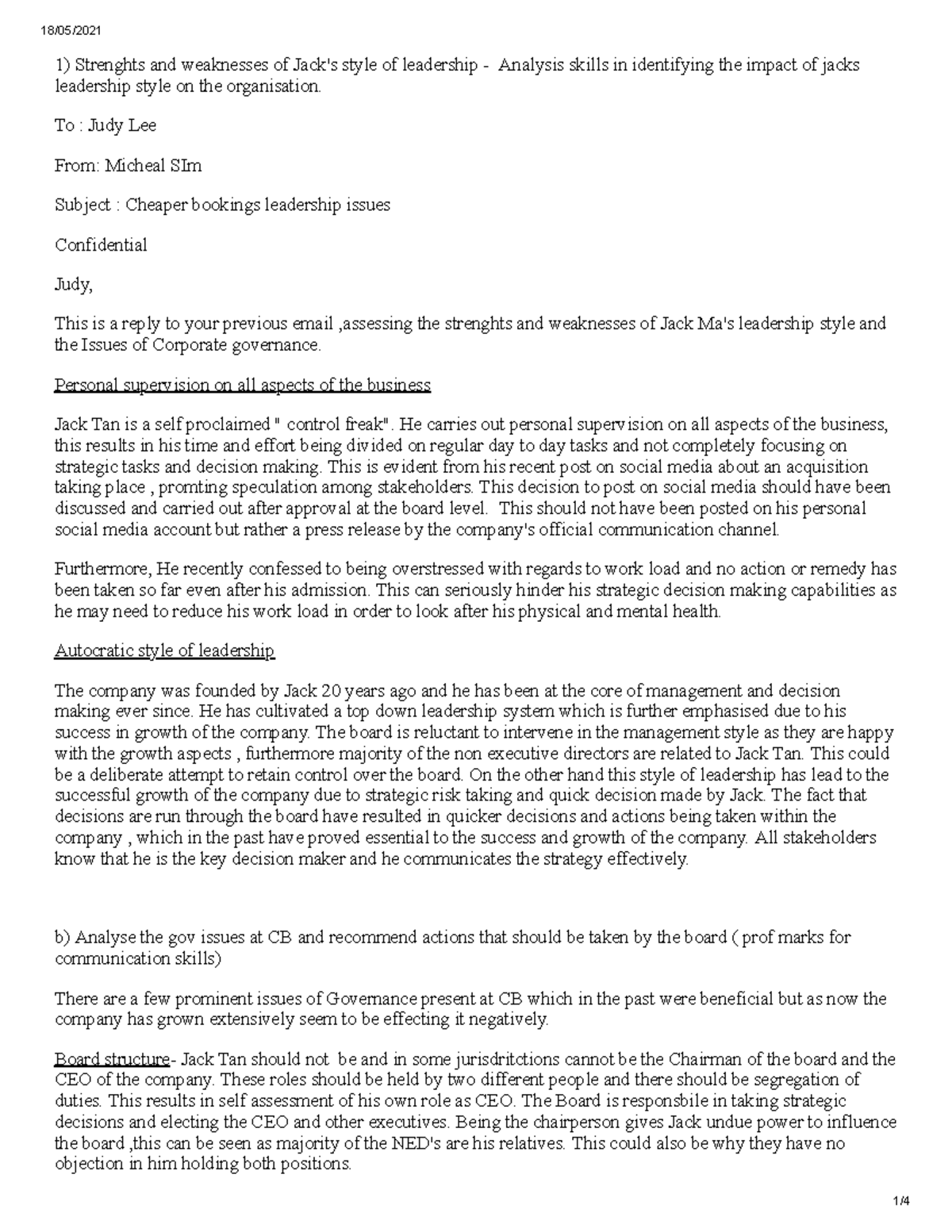 SBL answers - past paper - Strenghts and weaknesses of Jack's style of ...