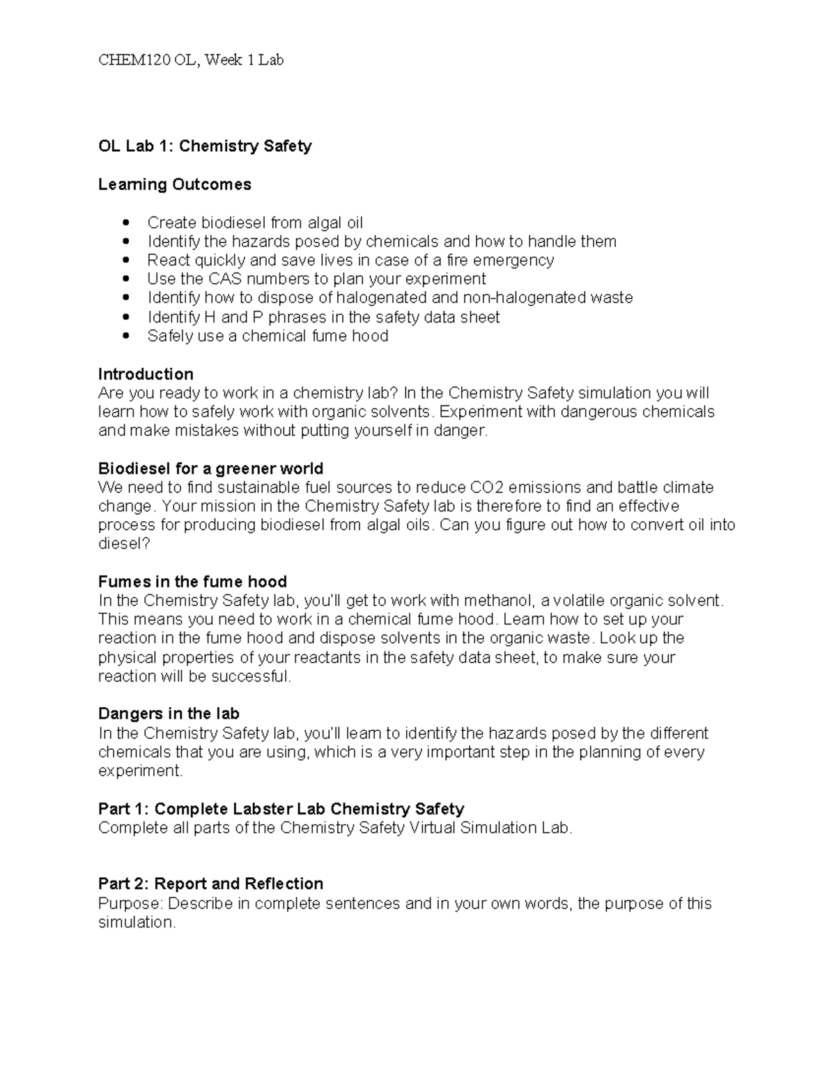 OL Lab 1-Chemistry Safety - CHEM120 OL, Week 1 Lab OL Lab 1: Chemistry ...