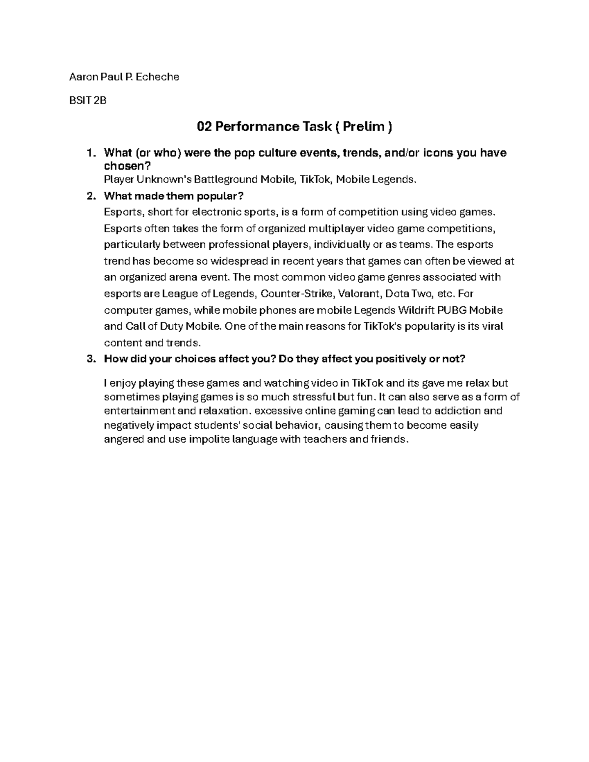 TP phil pop hahaha - Aaron Paul P. Echeche BSIT 2B 02 Performance Task ( Prelim ) What (or who ...