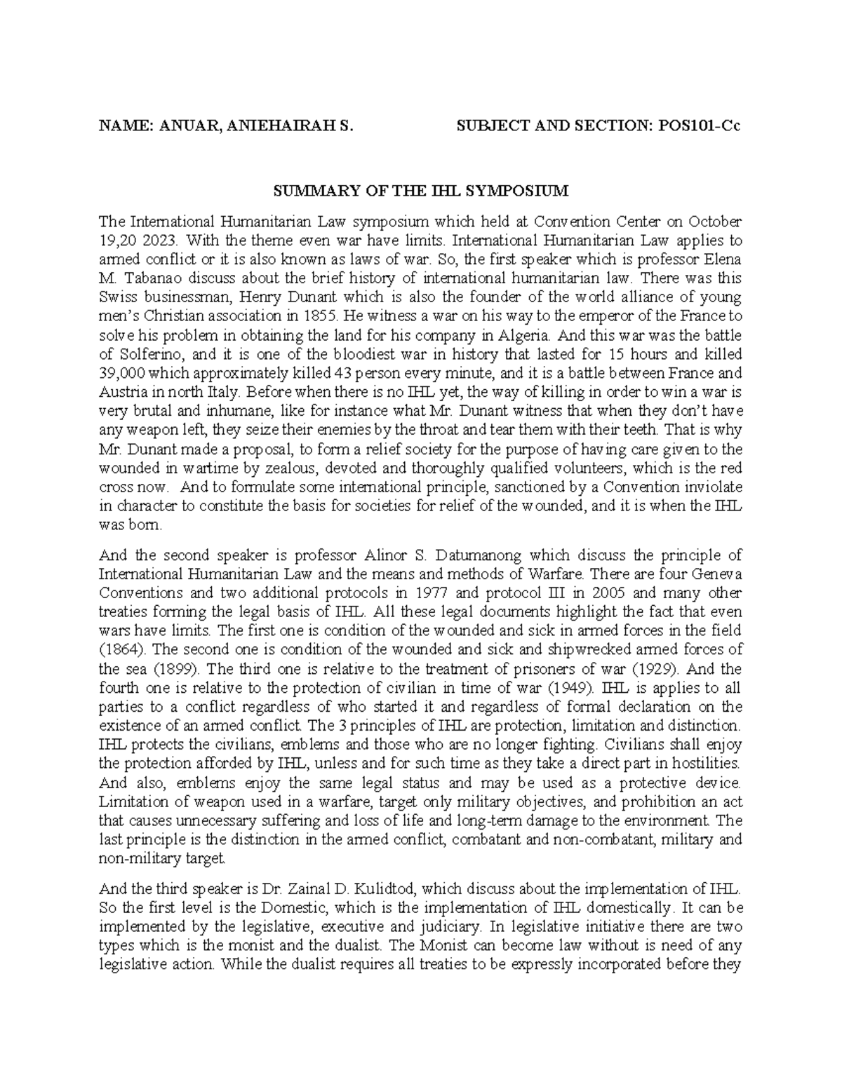 Summary OF THE IHL Symposium - NAME: ANUAR, ANIEHAIRAH S. SUBJECT AND ...