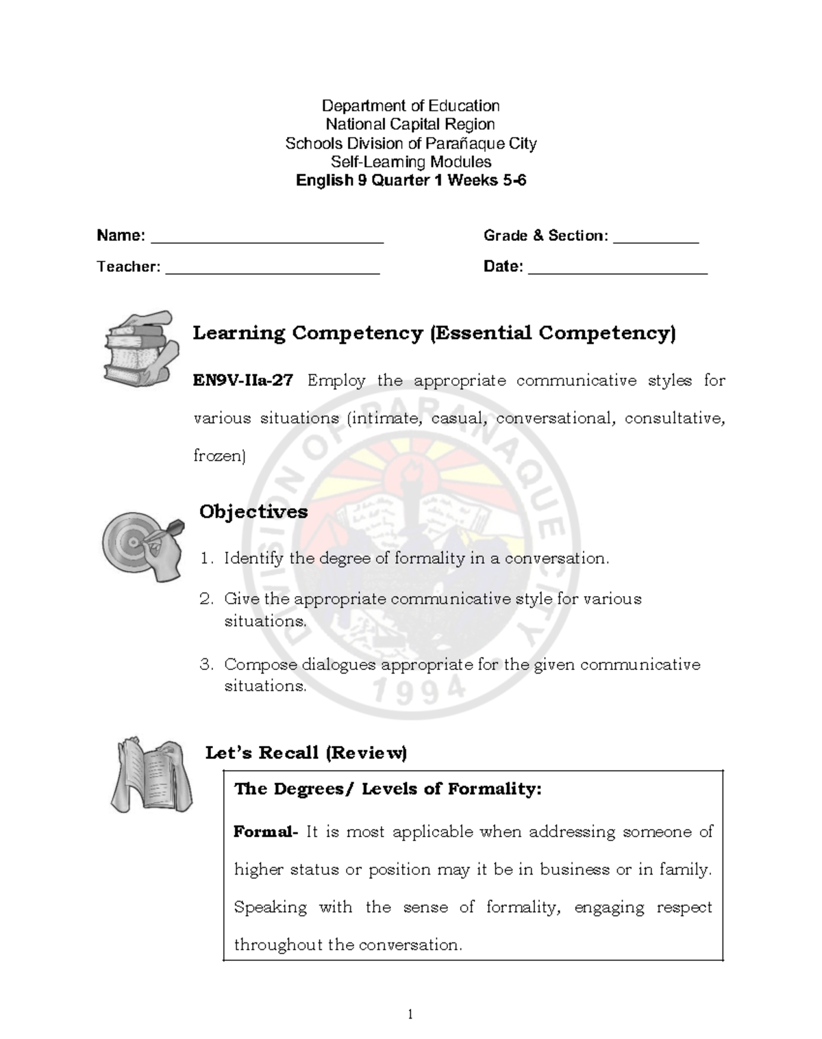 ENG9Quarter 1Week5-6 - The first staff meeting sets the tone for the ...