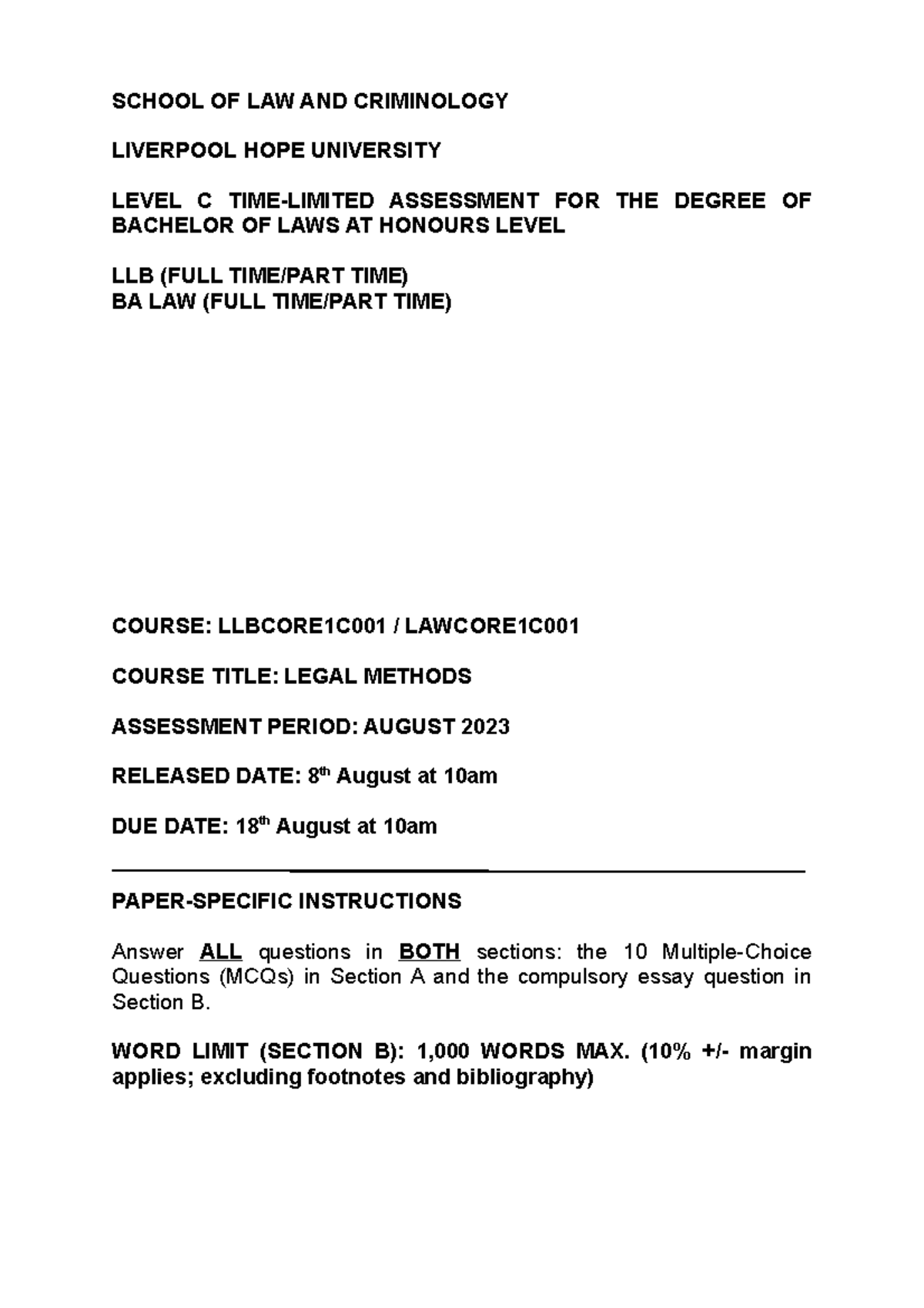 Legal Methods TLA - August 2023 finals - SCHOOL OF LAW AND CRIMINOLOGY LIVERPOOL HOPE UNIVERSITY ...