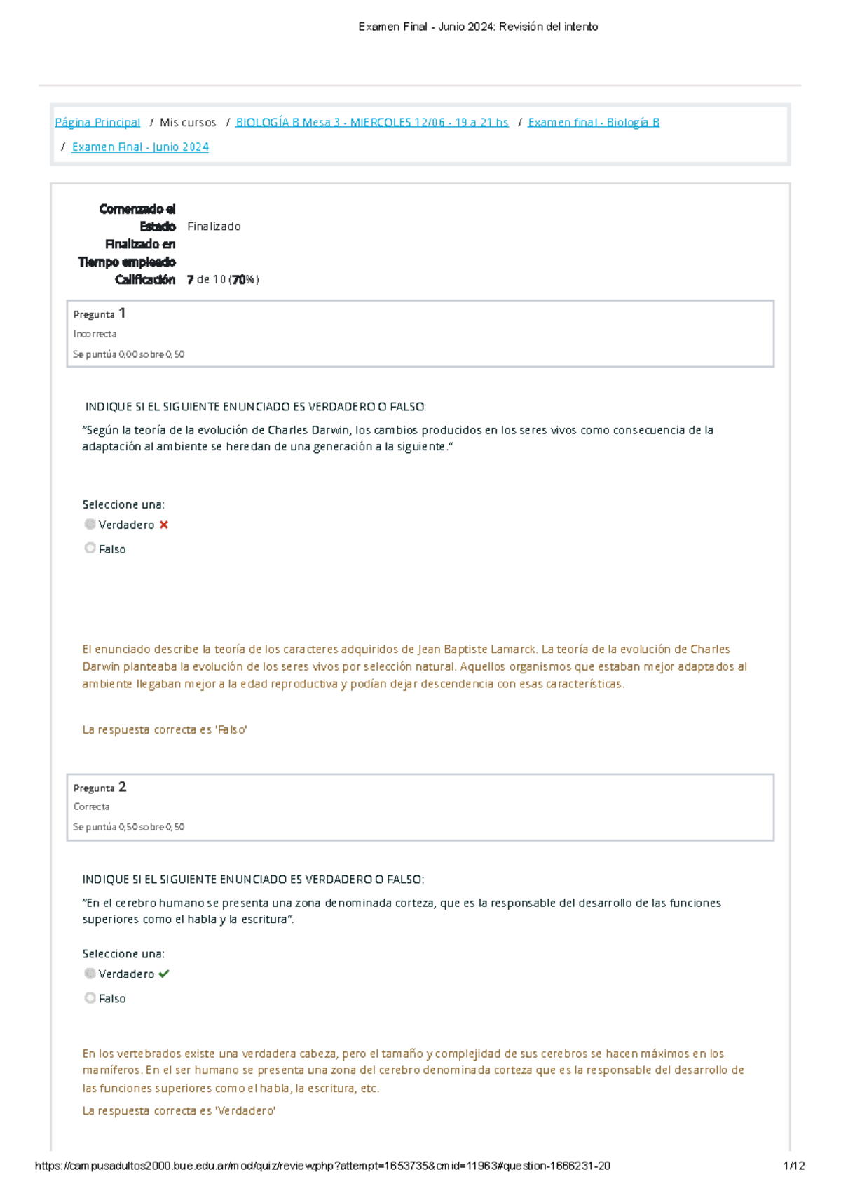Examen Final - Junio 2024 Revisión del intento biologia b - Página ...