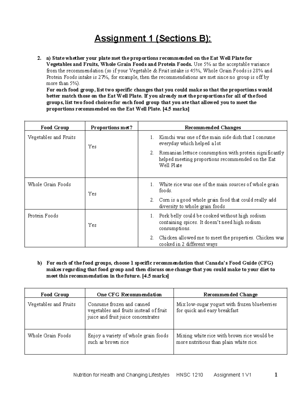 Assignment 1 part B - Assignment 1 (Sections B): 2. a) State whether your plate met the ...