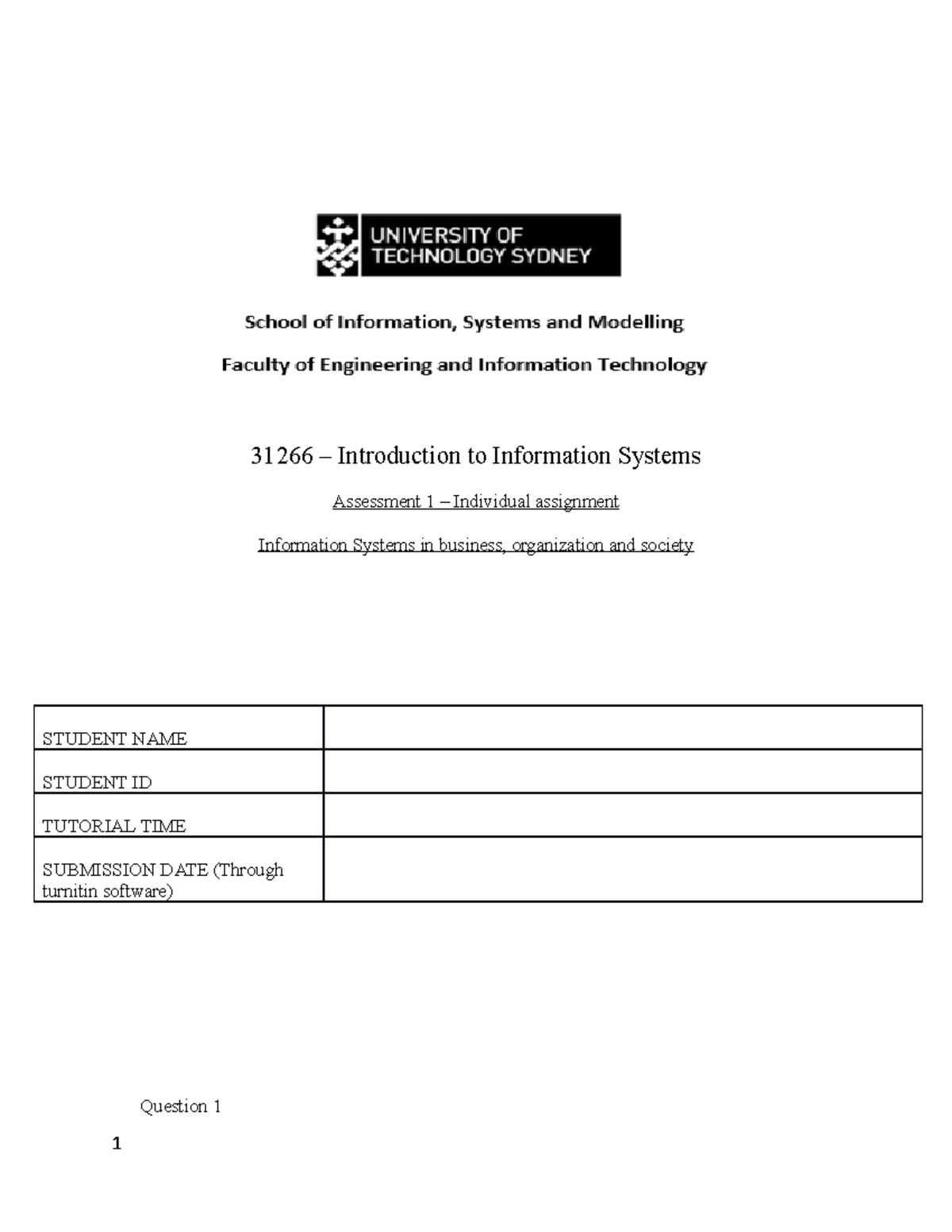 31266 Assignmnet 1-NVD - 31266 – Introduction to Information Systems Assessment 1 – Individual ...