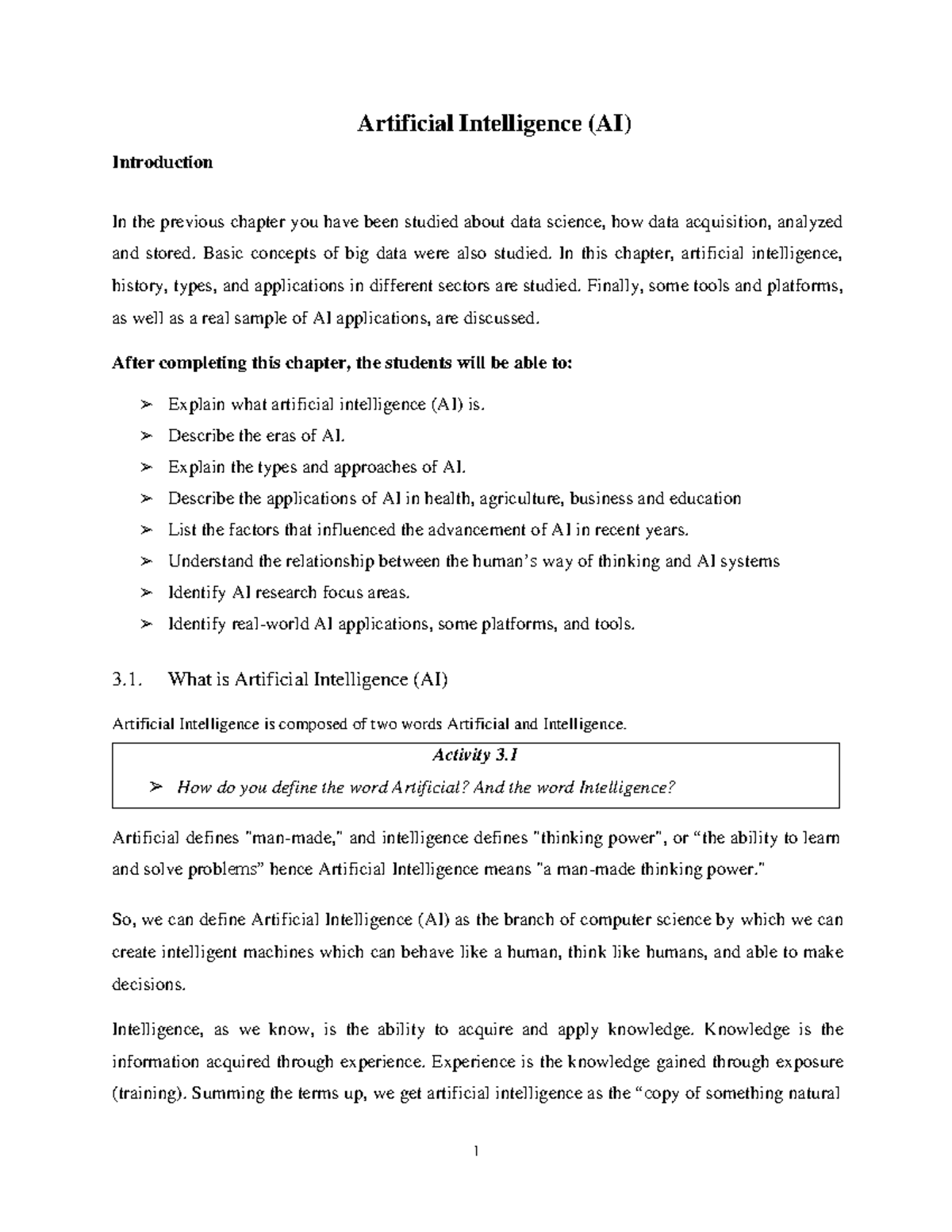 Artificial Intelligence 1 - Introduction Artifi cial Intelligence (AI ...