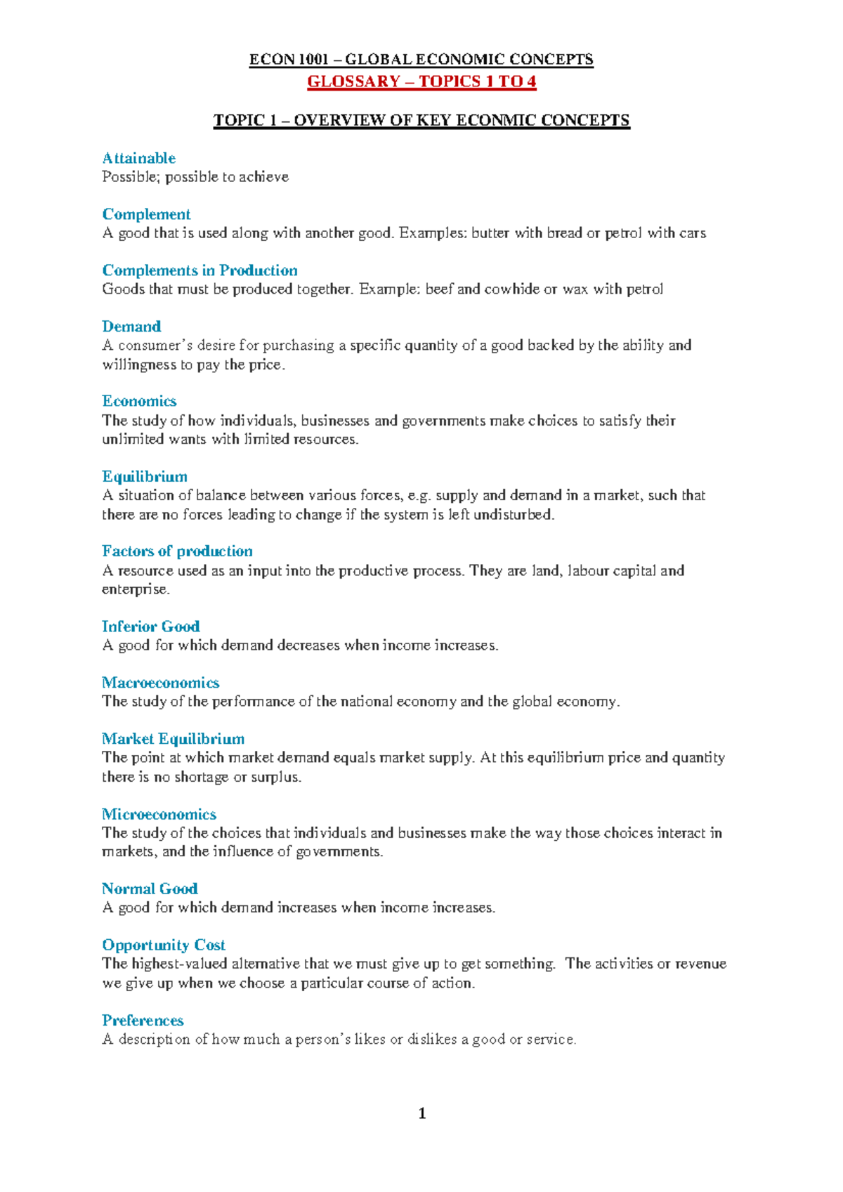 Glossary for ECON1001 - Topics - 1-4 - GLOSSARY – TOPICS 1 TO 4 TOPIC 1 ...