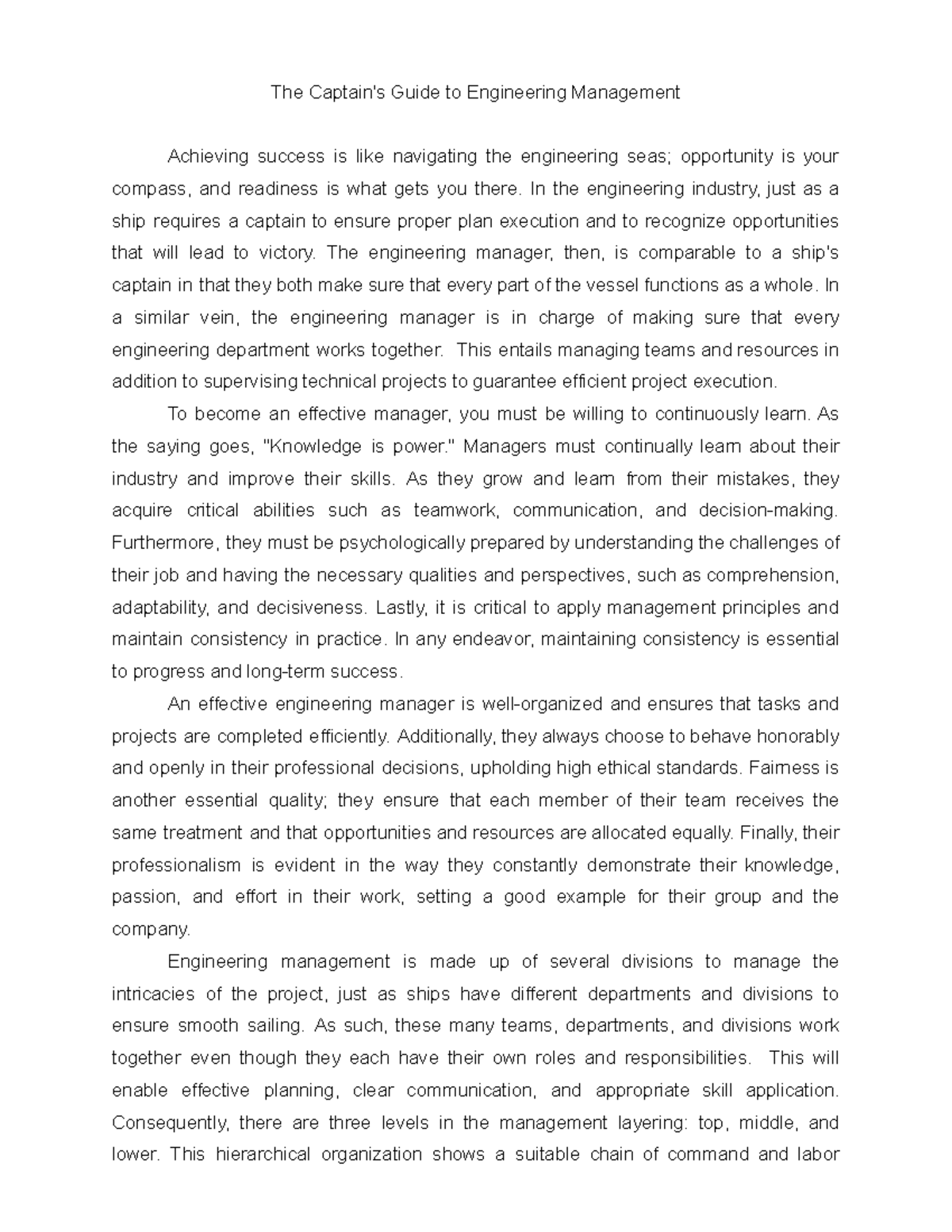 Eneman Reflection Paper - The Captain's Guide to Engineering Management ...