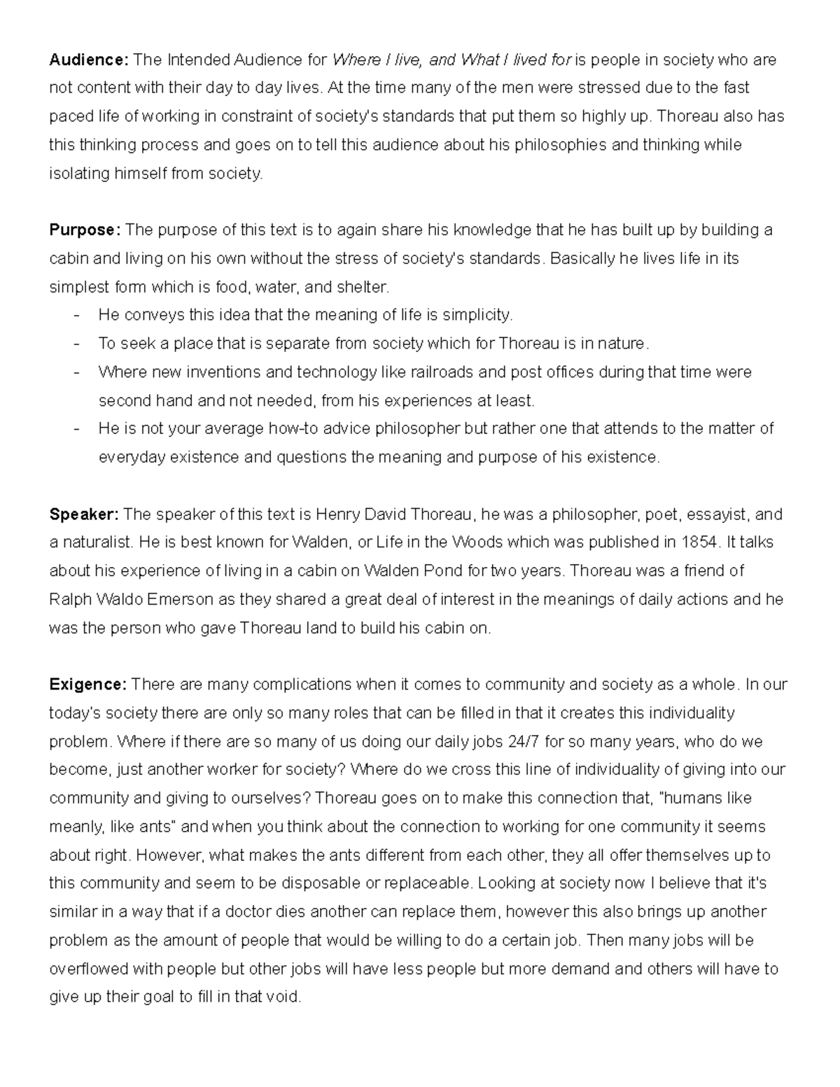 AP LANG Notes On Thoreau - Audience: The Intended Audience for Where I ...