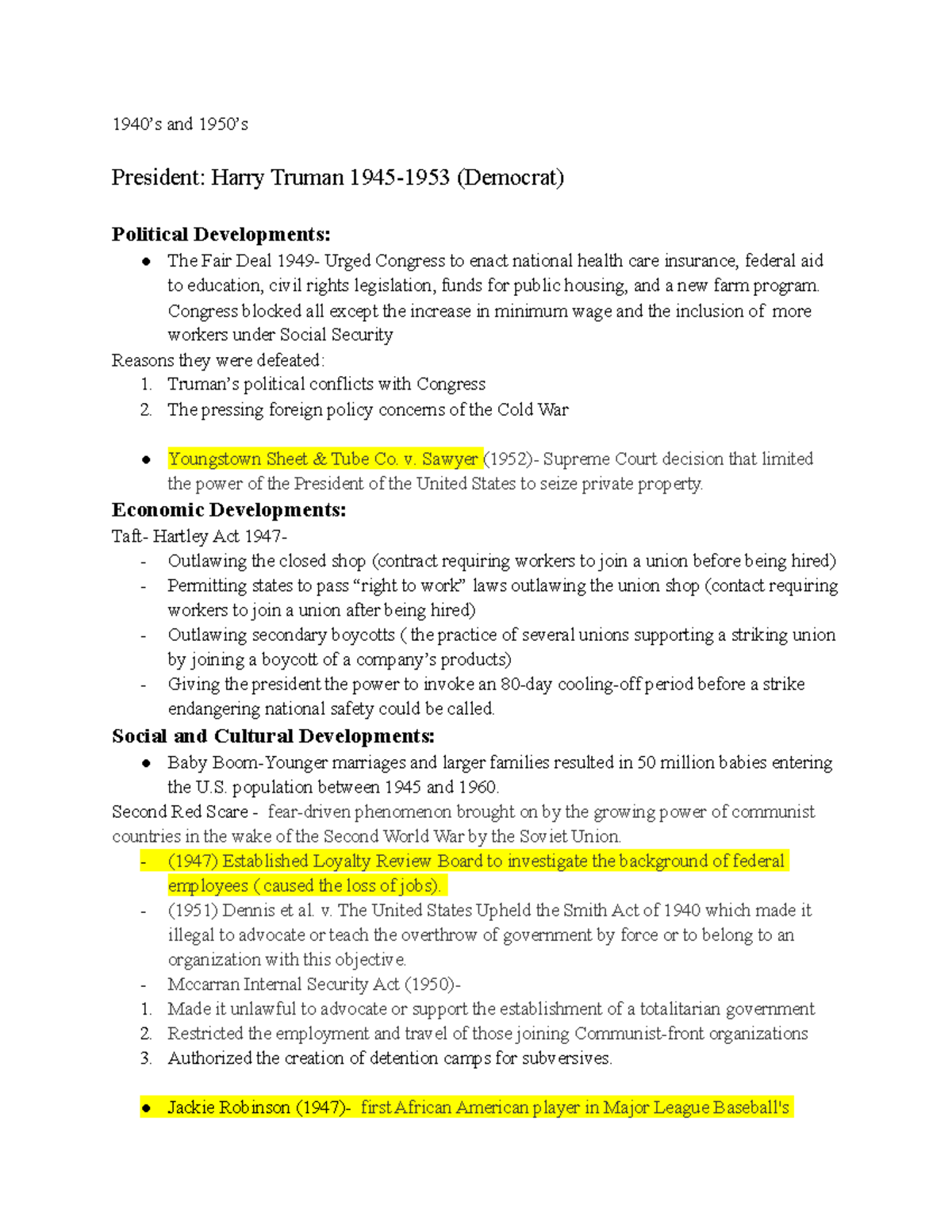 Paper 4 Study Guide - 1940’s and 1950’s President: Harry Truman 1945 ...