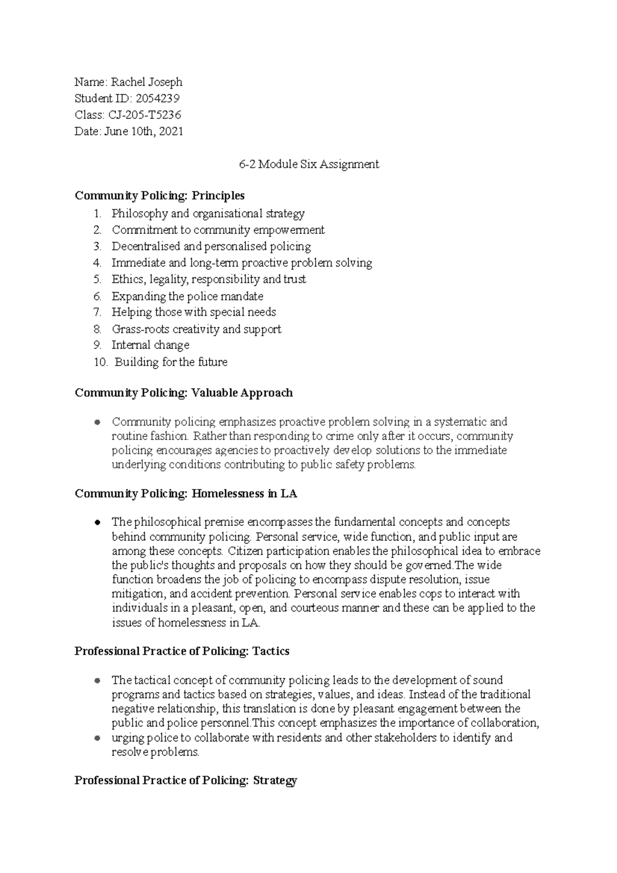 CJ-205-T5236 6-2 Module Six Assignment - Name: Rachel Joseph Student ID ...