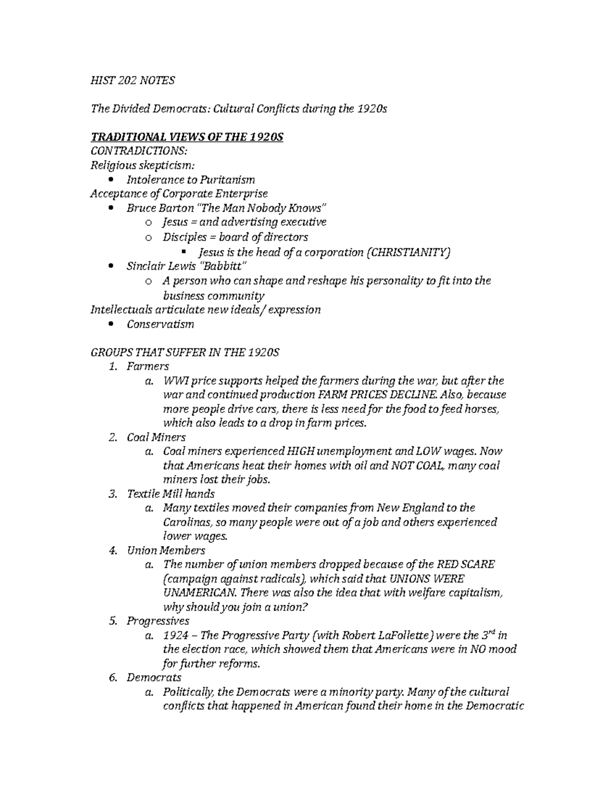 HIST 202 Notes The Divided Democrats Cultural Conflicts during the ...