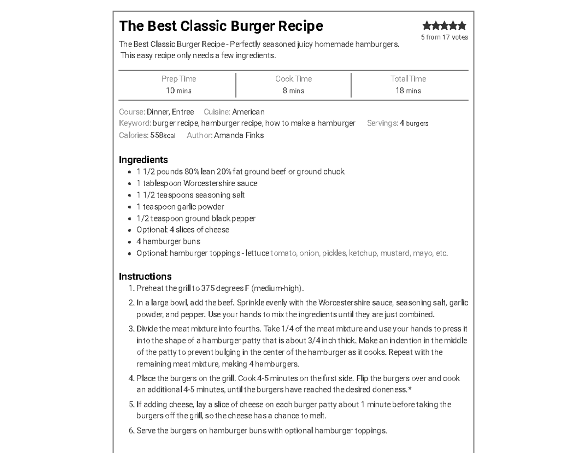 The Best Classic Burger Recipe Print - The Best Classic Burger Recipe ...