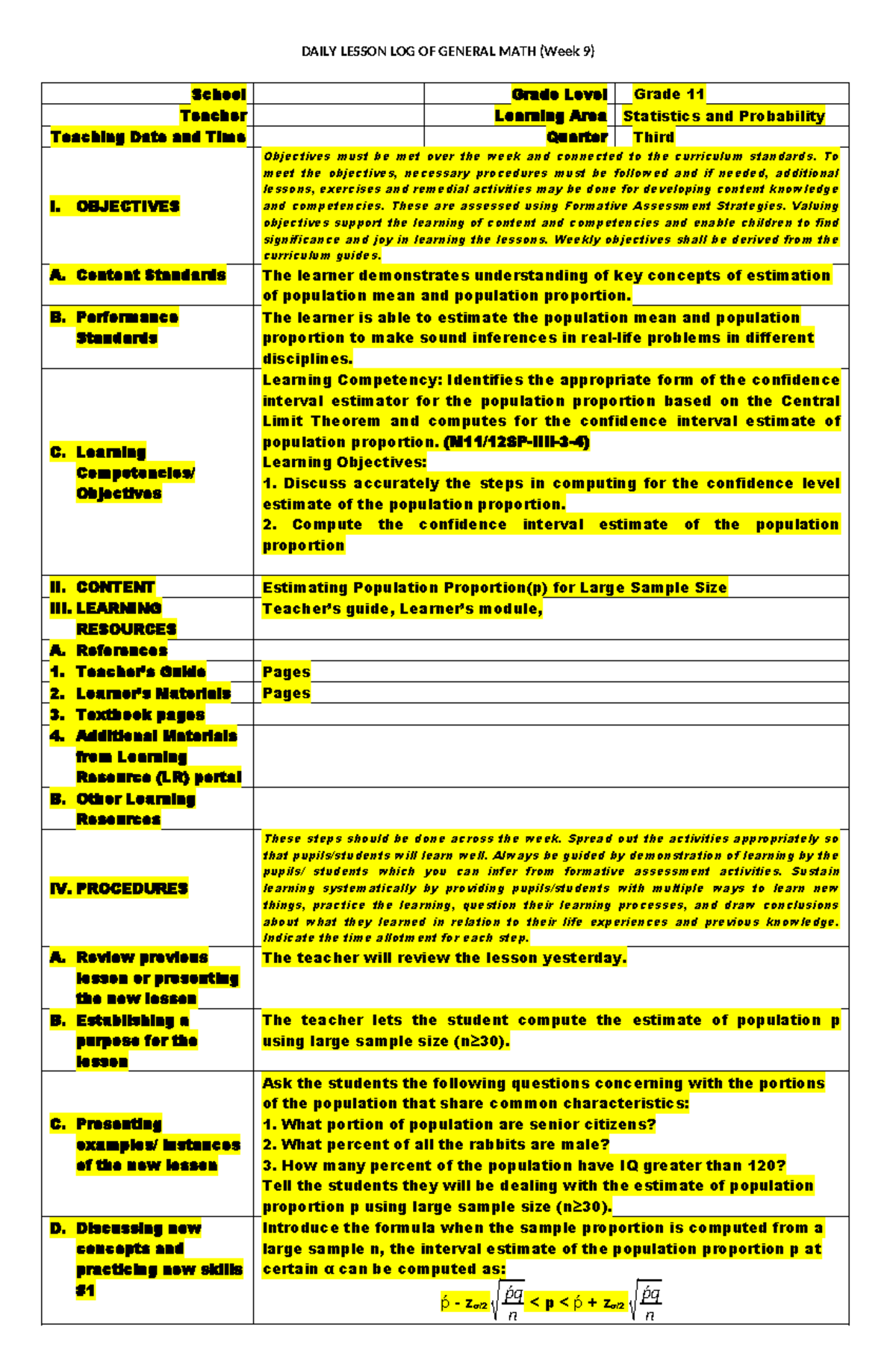 SP III-34 - DAILY LESSON LOG OF GENERAL MATH (Week 9) School Grade ...