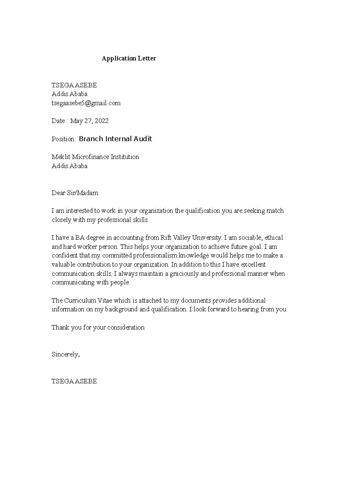 Letter for all - Note - Application Letter TSEGA ASEBE Addis Ababa ...