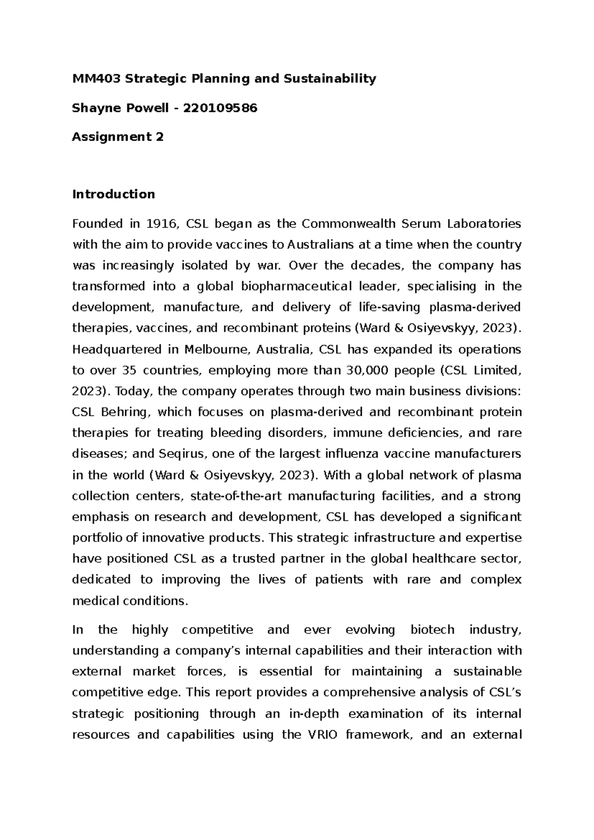 CSL Final Report - MM403 Strategic Planning and Sustainability Shayne ...
