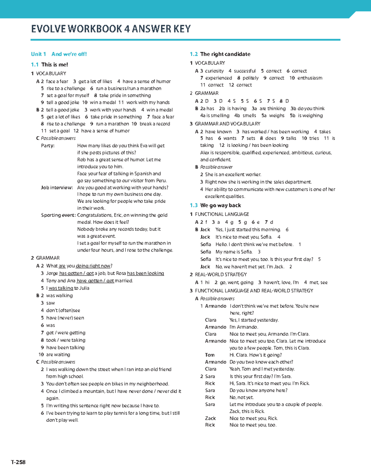 Evolve 4 - Workbook Answer Key - Unit 1 And we’re off! 1 This is me! 1 VOCABULARY A 2 face a ...