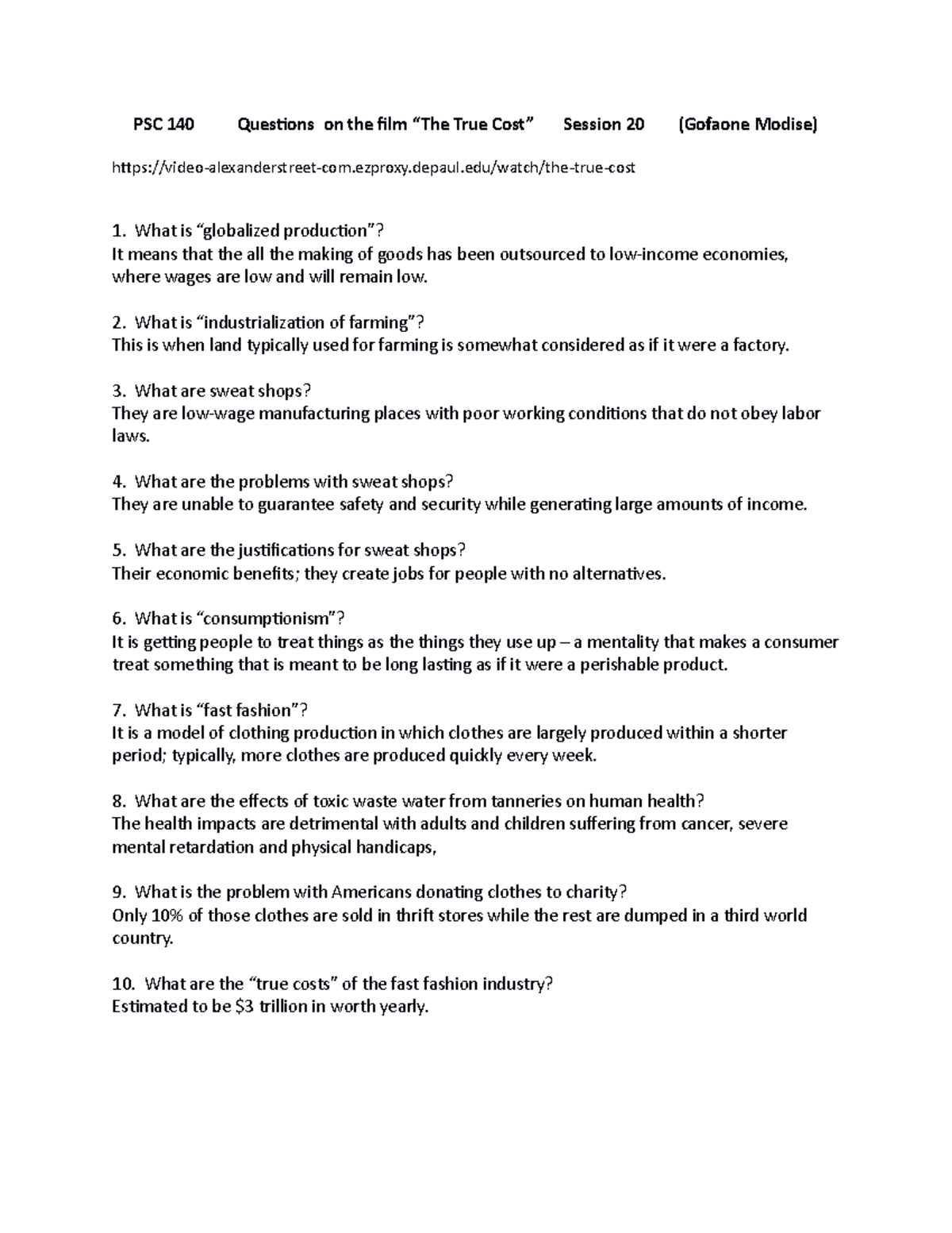 PSC 140 questions for The True Cost - PSC 140 Questions on the film ...