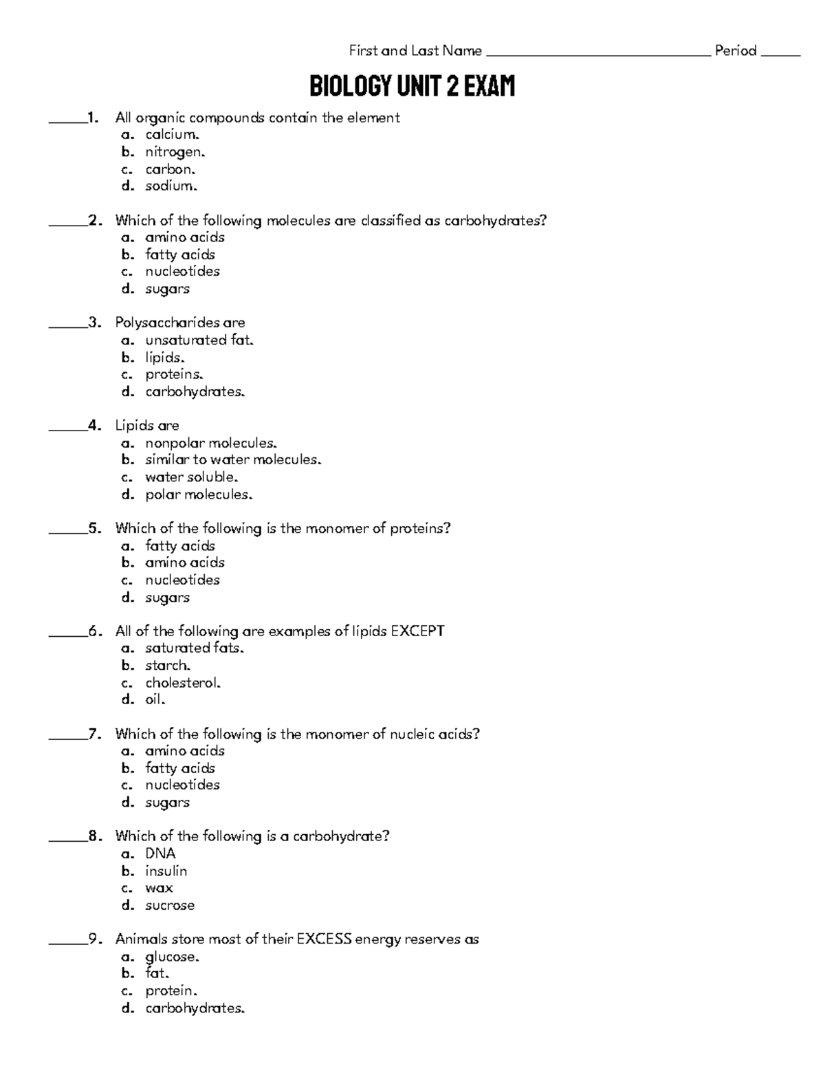 HS Biochem Exam - macromolecules, properties of water - First and Last ...