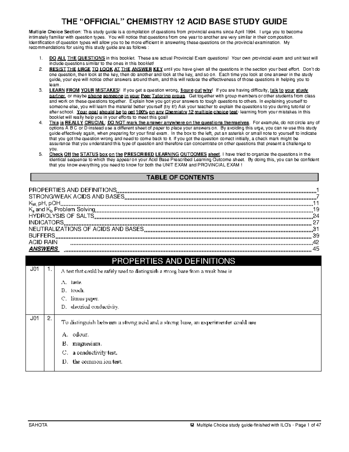 Acid Base Study Guide 1 - THE “OFFICIAL” CHEMISTRY 12 ACID BASE STUDY ...