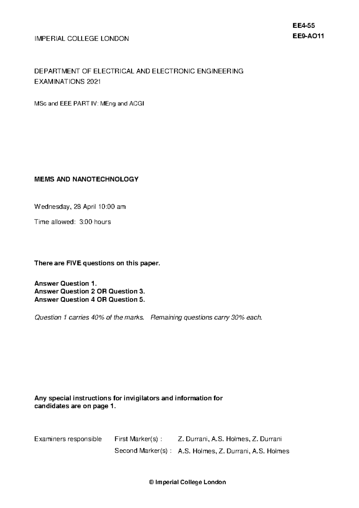 MEMS and Nanotechnology 2021 Exam Paper combined - IMPERIAL COLLEGE ...