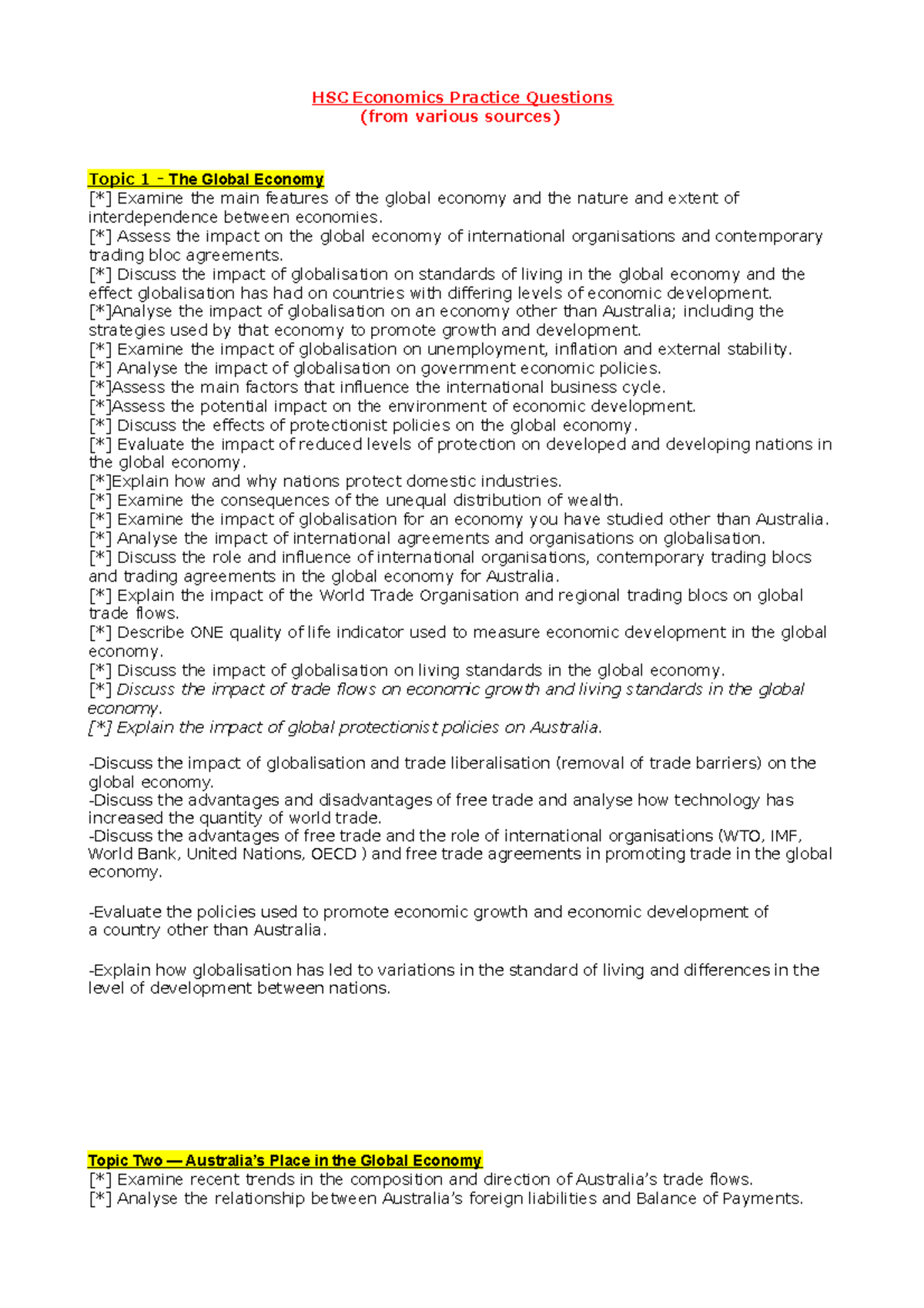 HSC Practice Questions - HSC Economics Practice Questions (from various ...