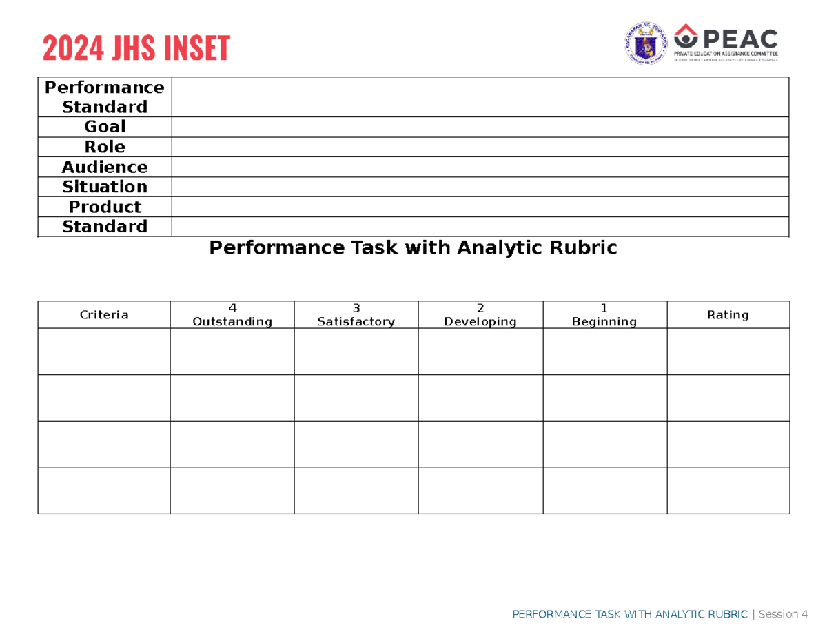S4 Performance Task with Analytic Rubric Template - Bachelor of ...