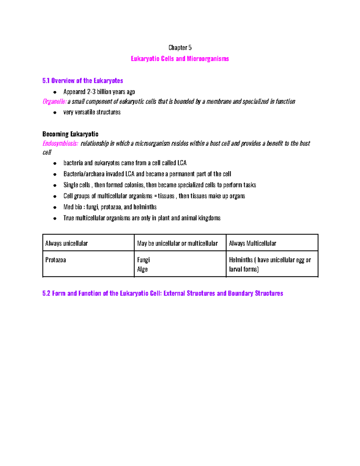 Biology Chapter 5 notes - Chapter 5 Eukaryotic Cells and Microorganisms ...