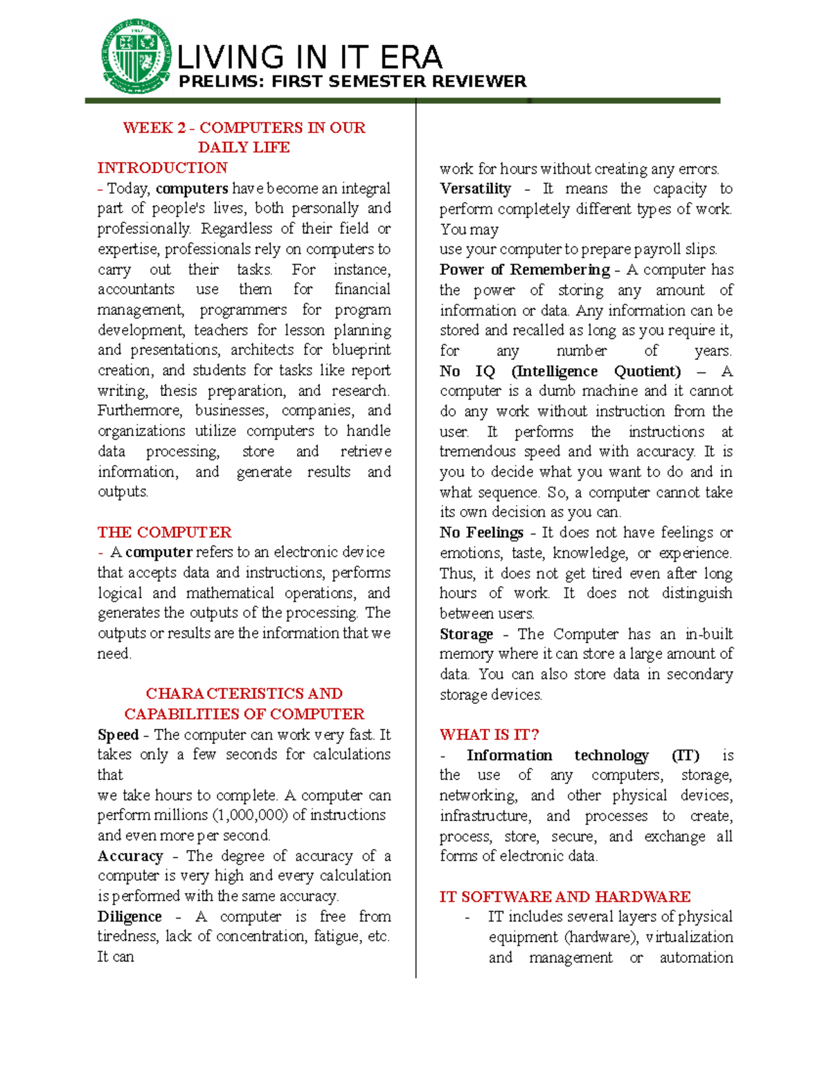 Reviewer living in it era - WEEK 2 - COMPUTERS IN OUR DAILY LIFE ...