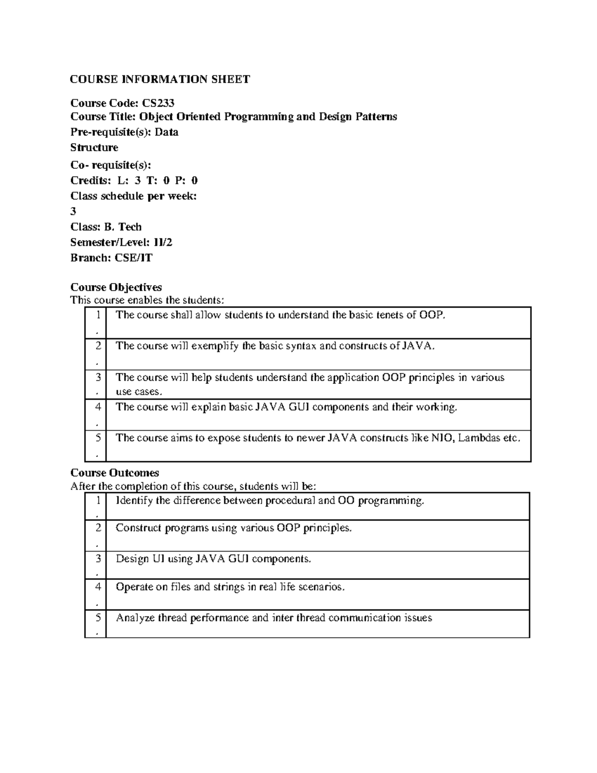 Java Syallabus 21 25 Java Syallabus 21 25 Course Information Sheet Course Code Cs Course