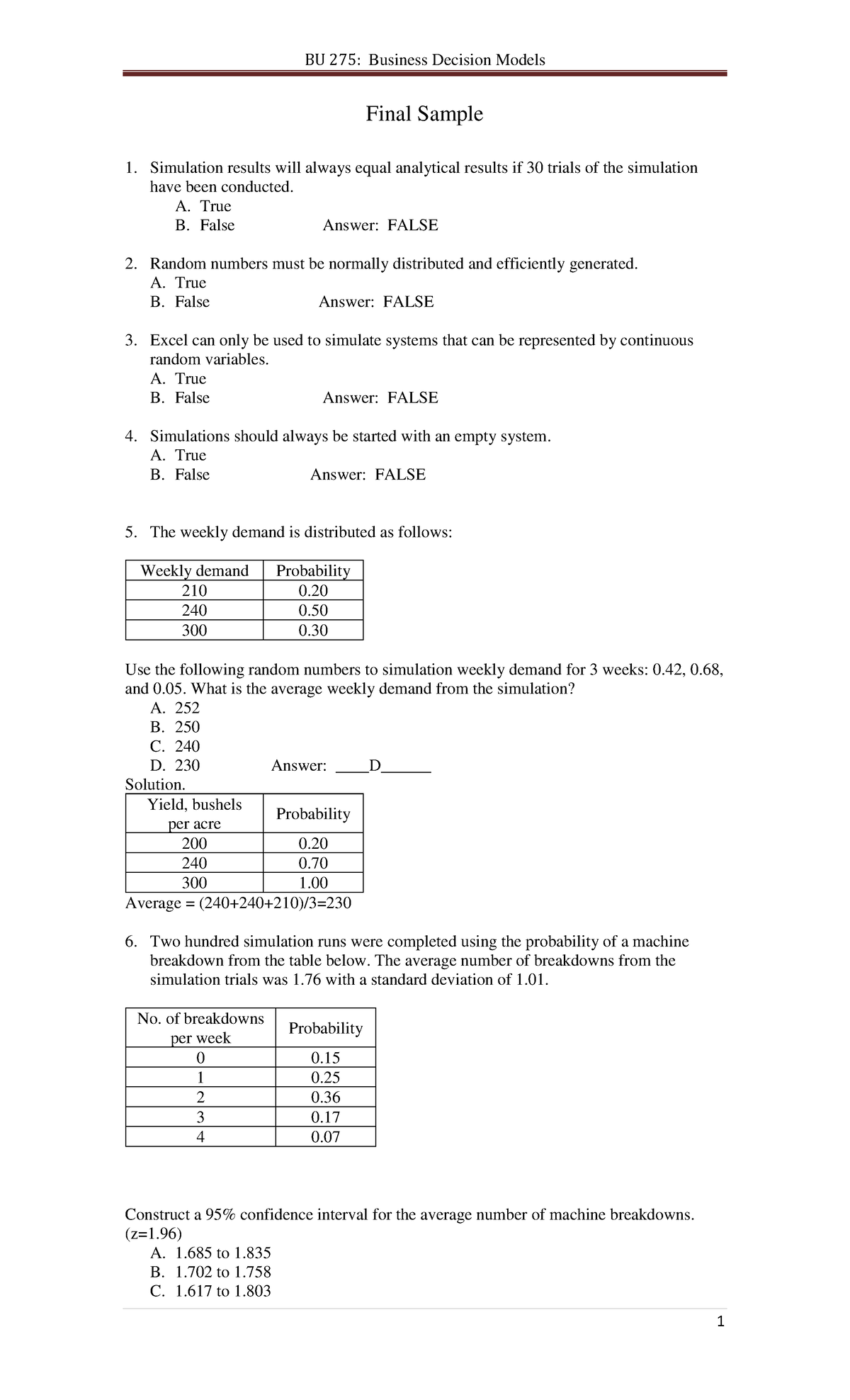 Final Sample - its nice - BU 275: Business Decision Models Final Sample ...