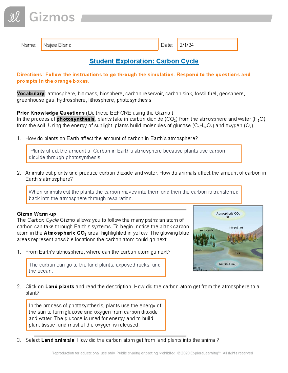 Copy of Carbon Cycle SE - Name: Najee Bland Date: 2/1/ Student ...