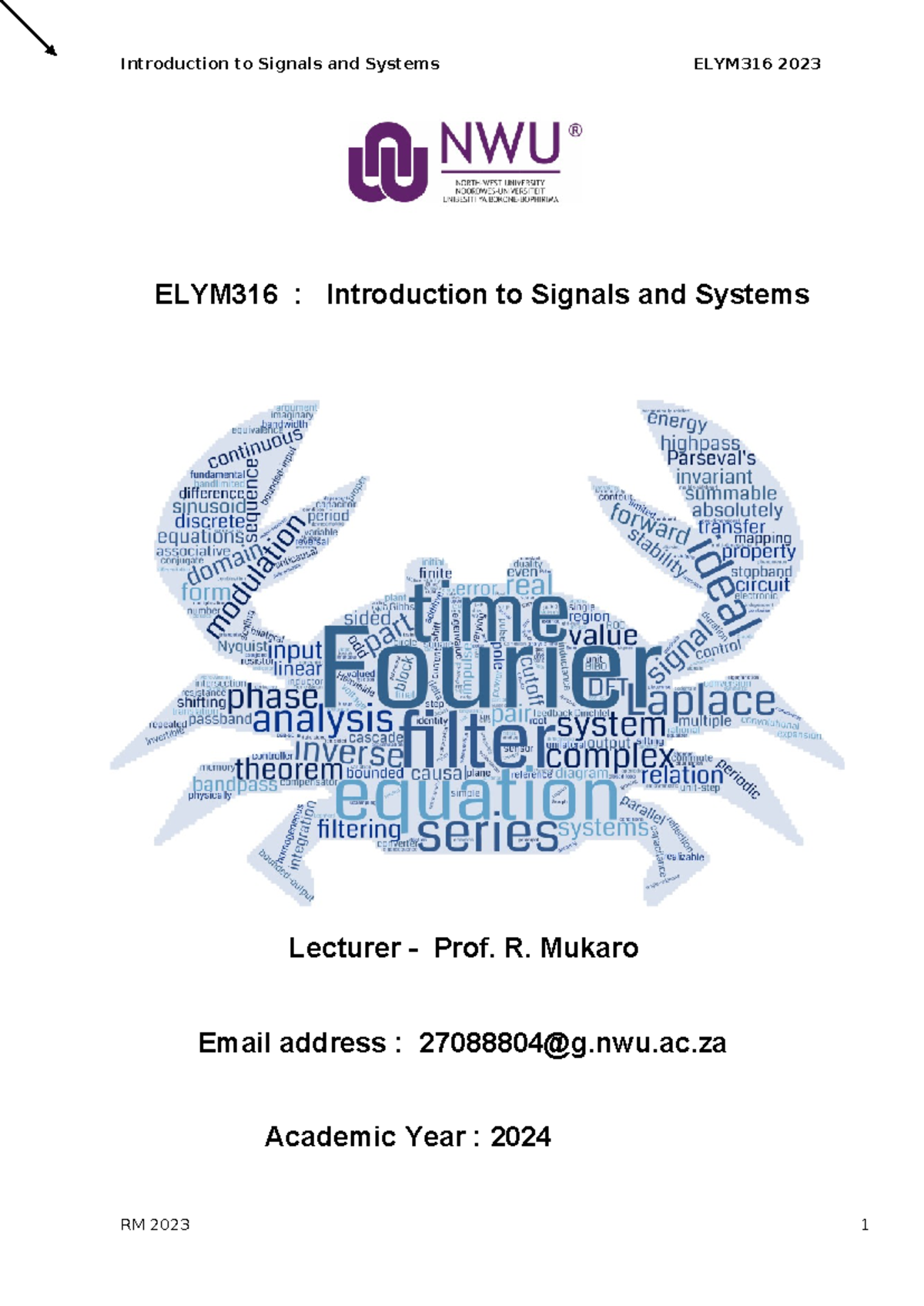 ELYM316 Notes 2024 V1 - ELYM316 : Introduction to Signals and Systems ...