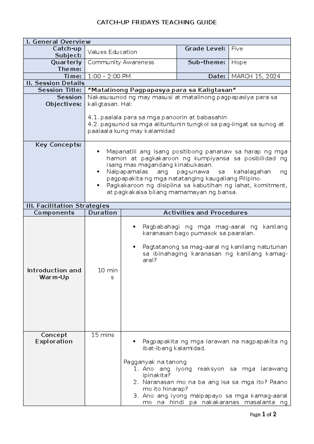 Grade 5- Values ED- Catch-UP Friday - CATCH-UP FRIDAYS TEACHING GUIDE I ...