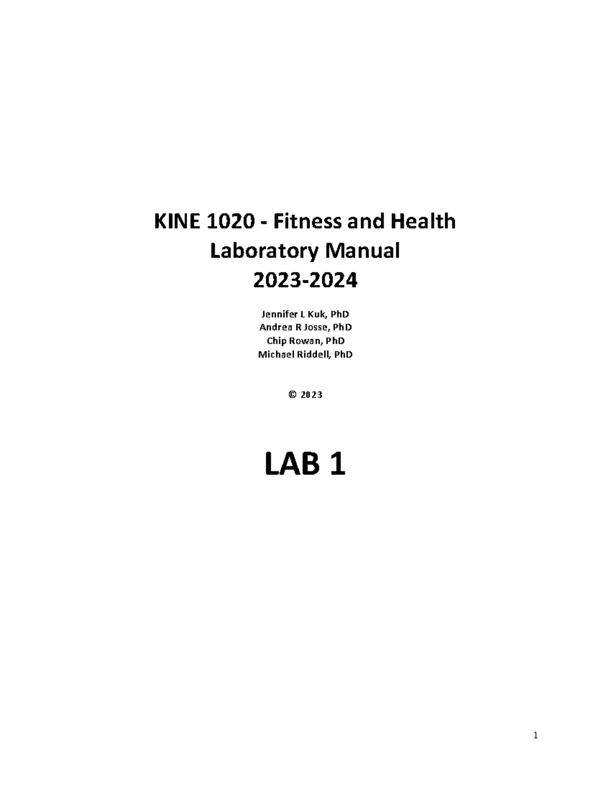 Kin Lab 1 - Lab - KINE 1020 - Fitness and Health Laboratory Manual 2023 ...