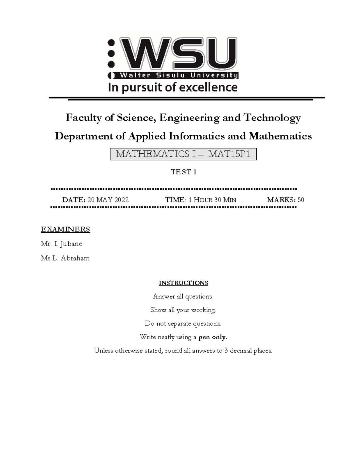 TEST1-MAIN - Faculty of Science, Engineering and Technology Department ...