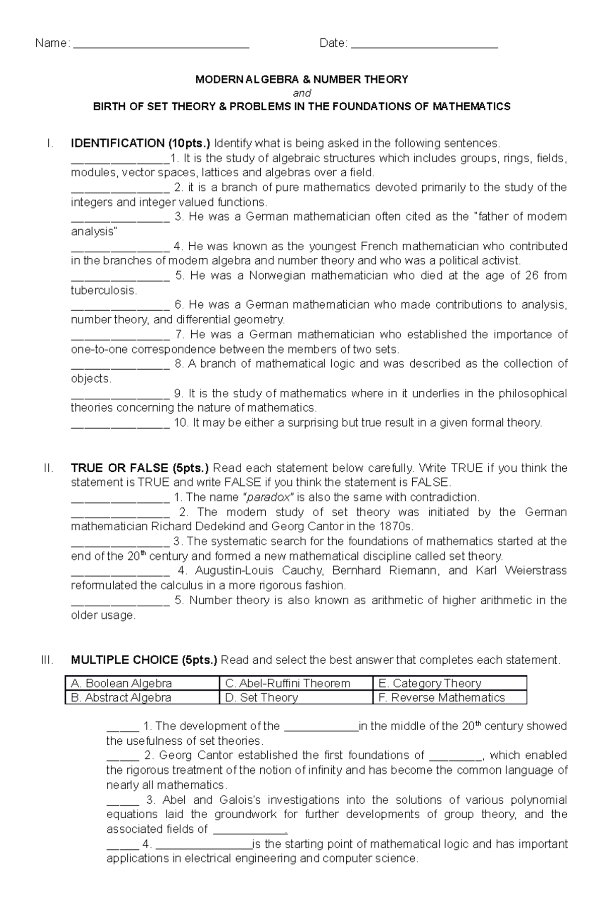Quiz on History of Mathematics - Name: Date: MODERN ALGEBRA & NUMBER ...