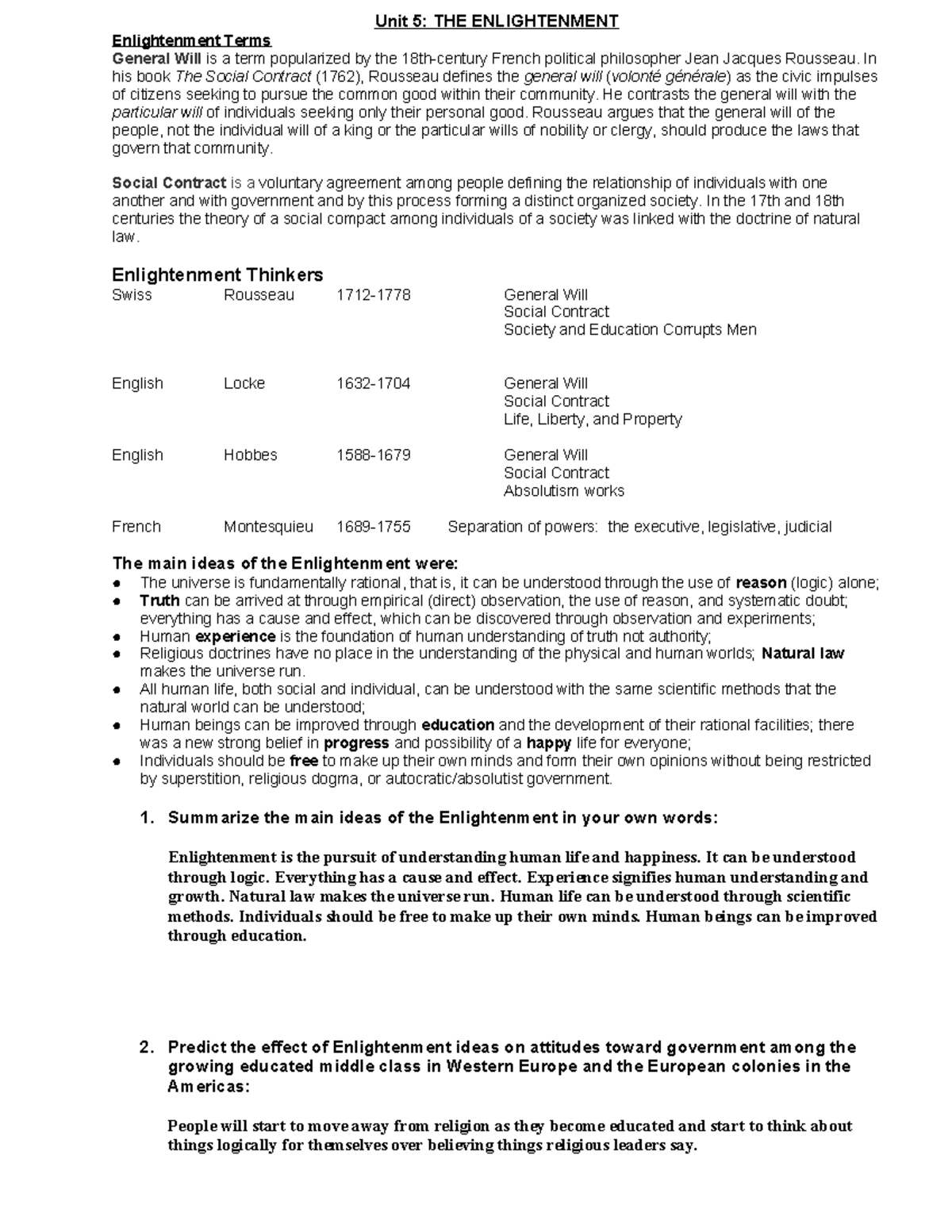 Enlightenment Handout Finished - Unit 5: THE ENLIGHTENMENT ...